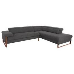 Ecksofa W.Schillig "finn" Sofas Gr. B/H/T: 281cm x 71cm x 230cm, Flachgewebe S22, Ottomane rechts, ohne Kopfteilverstellung-ohne Sitztiefenverstellung, grau (anthrazit s22) German Design Award 2016, Fußgestell Nussbaum natur, Breite 281 cm