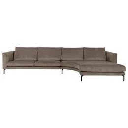 Ecksofa furninova "Designpolsterecke mit erstklassigem Sitzkomfort" Sofas Gr. B/H/T: 371cm x 80cm x 177cm, Velours, Recamiere rechts, ohne Bettfunktion, braun (earth) mit abgerundetem Longchair, im skandinavischen Design