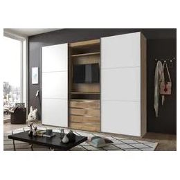 Schwebetürenschrank wimex "Magic by fresh to go", braun (plankeneiche nachbildung, weiß), B:300cm H:236cm T:65cm, Schränke, tolles EXTRA: mit drehbarem TV-Element, mittig mit Schubladen