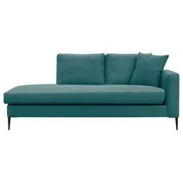 Recamiere LEONIQUE "Cozy" Sofas Gr. B/H/T: 195cm x 80cm x 97cm, Strukturstoff, Armlehne rechts, blau (petrol) Chaiselongue Sofas mit losen Kissen und Metallbeinen, Armlehne links oder rechts wählbar