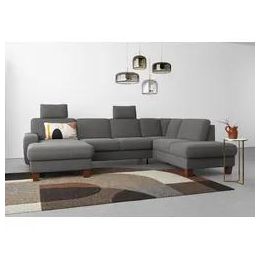 Wohnlandschaft Home Affaire "Vision U-Form" Sofas Gr. B/H/T: 315 cm x 90 cm x 215 cm, Struktur weich, Ottomane rechts, mit Bettfunktion-mit Stauraum, grau wahlweise mit Bettfunktion und Stauraum, auch in Easy Care-Bezug