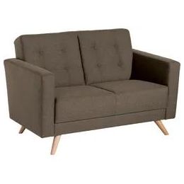 2-Sitzer Max Winzer "Julius zeitlos, elegant im skandinavischen Stil, mit hohem Sitzkomfort" Sofas Gr. B/H/T: 128cm x 81cm x 83cm, Strukturwebstoff 16523, beige (sahara) mit Knopfheftung, Retro, schmale Armlehnen, Breite 128 cm