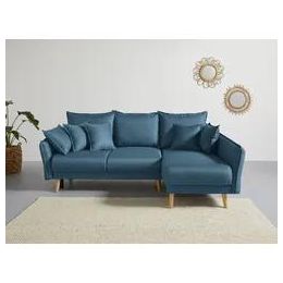 Ecksofa Home Affaire "Granbo L-Form" Sofas Gr. B/H/T: 240 cm x 95 cm x 170 cm, Struktur fein, Recamiere rechts, mit Bettfunktion-mit Bettkasten, blau (petrol) incl. Bettfunktion und Bettkasten, Federkern-Polsterung, Seitentasche