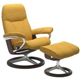 Relaxsessel stressless "Consul" Sessel Gr. ROHLEDER Stoff Q2 FARON, Signature Base Wenge, BalanceAdaptTM-PlusTMSystem-Gleitsystem-Relaxfunktion-Drehfunktion-Kopfstützenverstellung-Rückteilverstellung, B/H/T: 82cm x 102cm x 72cm, gelb (yellow q2 faron) mit Hocker, Signature Base, Größe M, Gestell Wenge