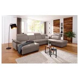 Wohnlandschaft Home Affaire "Mauritius U-Form" Sofas Gr. B/T: 354cm x 232cm, Luxus-Microfaser Lederoptik, Ottomane rechts, mit Bettfunktion-mit Bettkasten, grau (stahlgrau) mit Kopfteil- und Armlehnverstellung, wahlweise Bettfunktion