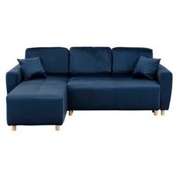 Ecksofa Home Affaire "Scania L-Form" Sofas Gr. B/H/T: 220 cm x 86 cm x 160 cm, Samtoptik, Recamiere links, mit Bettfunktion-mit Bettkasten, blau wahlweise mit Bettfunktion und Bettkasten