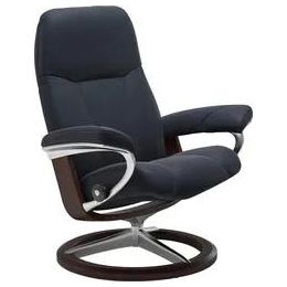 Relaxsessel stressless "Consul" Sessel Gr. Leder PALOMA, Signature Base Braun, BalanceAdaptTM-PlusTMSystem-Gleitsystem-Relaxfunktion-Drehfunktion-Kopfstützenverstellung-Rückteilverstellung, B/H/T: 82cm x 102cm x 72cm, blau (shadow blue paloma) mit Signature Base, Größe M, Gestell Braun