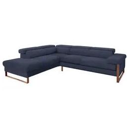 Ecksofa W.Schillig "finn" Sofas Gr. B/H/T: 281cm x 71cm x 230cm, Stoff S37, Ottomane links, ohne Kopfteilverstellung-ohne Sitztiefenverstellung, blau (dunkelblau s37) German Design Award 2016, Fußgestell Nussbaum natur, Breite 281 cm