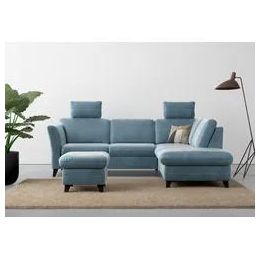 Ecksofa Home Affaire "Trelleborg L-Form" Sofas Gr. B/H/T: 252 cm x 86 cm x 213 cm, Breitcord, Ottomane rechts, ohne Bettfunktion-ohne Stauraum, blau (blau, grau) wahlweise mit Bettfunktion und Bettkasten, inkl. Federkern-Polsterung