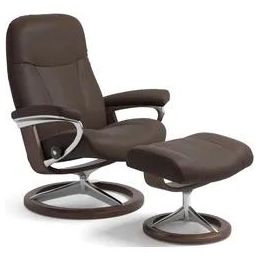 Relaxsessel stressless "Garda", braun (braun batick), B:91cm H:102cm T:79cm, Leder PALOMA: durchgefärbtes Semianilin-Möbelleder, ROHLEDER Stoff Q2 FARON (100% Polyester im Flor, Grundgewebe: 50% Polyester, 50% Polyacryl), Sessel, mit Signature Base, Größe L, Gestell Wenge