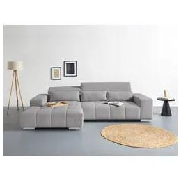 Ecksofa COTTA "Orion L-Form" Sofas Gr. B/H/T: 307cm x 73cm x 186cm, Chenille-Struktur, Recamiere links, grau mit Recamiere, inkl. verstellbaren Kopfstützen und 3 Kissen