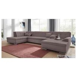 Wohnlandschaft DOMO collection "Aversa U-Form" Sofas Gr. B/H/T: 364cm x 83cm x 201cm, Softstruktur, Recamiere rechts, ohne Funktion, grau (taupe) wahlweise mit Bettfunktion, frei im Raum stellbar