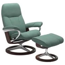 Relaxsessel stressless "Consul" Sessel Gr. Leder PALOMA, Signature Base Braun, BalanceAdaptTM-PlusTMSystem-Gleitsystem-Relaxfunktion-Drehfunktion-Kopfstützenverstellung-Rückteilverstellung, B/H/T: 82cm x 102cm x 72cm, grün (aqua green paloma) mit Hocker, Signature Base, Größe M, Gestell Braun