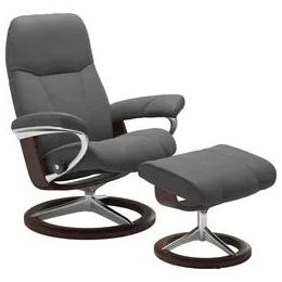 Relaxsessel stressless "Consul" Sessel Gr. Leder BATICK, Signature Base Braun, BalanceAdaptTM-PlusTMSystem-Gleitsystem-Relaxfunktion-Drehfunktion-Kopfstützenverstellung-Rückteilverstellung, B/H/T: 82cm x 102cm x 72cm, grau (grey batick) mit Hocker, Signature Base, Größe M, Gestell Braun