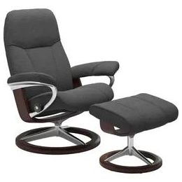 Relaxsessel stressless "Consul" Sessel Gr. ROHLEDER Stoff Q2 FARON, Signature Base Braun, BalanceAdaptTM-PlusTMSystem-Gleitsystem-Relaxfunktion-Drehfunktion-Kopfstützenverstellung-Rückteilverstellung, B/H/T: 82cm x 102cm x 72cm, grau (dark grey q2 faron) mit Hocker, Signature Base, Größe M, Gestell Braun