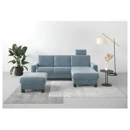 Ecksofa Home Affaire "Summer L-Form" Sofas Gr. B/H/T: 249 cm x 91 cm x 164 cm, Breitcord, Recamiere rechts, mit Bettfunktion-mit Bettkasten-ohne Federkern, blau (blau, grau) mit Recamiere, oder ohne Bettfunktion und Bettkasten, Cord-Bezug