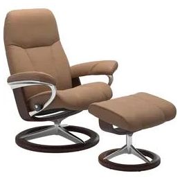 Relaxsessel stressless "Consul" Sessel Gr. Leder BATICK, Signature Base Braun, BalanceAdaptTM-PlusTMSystem-Gleitsystem-Relaxfunktion-Drehfunktion-Kopfstützenverstellung-Rückteilverstellung, B/H/T: 82cm x 102cm x 72cm, braun (latte batick) mit Hocker, Signature Base, Größe M, Gestell Braun