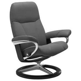 Relaxsessel stressless "Consul" Sessel Gr. Leder BATICK, Signature Base Schwarz, BalanceAdaptTM-PlusTMSystem-Gleitsystem-Relaxfunktion-Drehfunktion-Kopfstützenverstellung-Rückteilverstellung, B/H/T: 78cm x 97cm x 70cm, grau (grey batick) mit Signature Base, Größe S, Gestell Schwarz