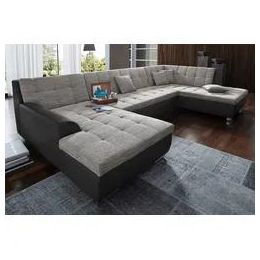 Wohnlandschaft DOMO collection "Treviso incl. Zierkissen, moderne Steppung, XXL: B/T/H: 364/201/83 cm" Sofas Gr. B/H/T: 364cm x 83cm x 201cm, Microfaser PRIMABELLE-Struktur, Recamiere links, mit Bettfunktion, schwarz (schwarz/pepper) wahlweise mit Bettfunktion, in vielen Bezugsarten auch Cord U-Form