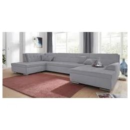 Wohnlandschaft DOMO collection "Aversa U-Form" Sofas Gr. B/H/T: 364cm x 83cm x 201cm, Softstruktur, Recamiere rechts, mit Bettfunktion, grau wahlweise mit Bettfunktion, frei im Raum stellbar