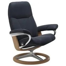 Relaxsessel stressless "Consul" Sessel Gr. Leder PALOMA, Signature Base Eiche, BalanceAdaptTM-PlusTMSystem-Gleitsystem-Relaxfunktion-Drehfunktion-Kopfstützenverstellung-Rückteilverstellung, B/H/T: 78cm x 97cm x 70cm, blau (shadow blue paloma) mit Signature Base, Größe S, Gestell Eiche