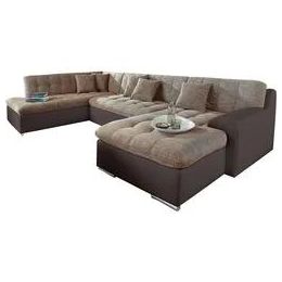 Wohnlandschaft Trendmanufaktur "Rave, aufwendige Sitz und Rückenpolsterung, bequem, U-Form" Sofas Gr. B/H/T: 323cm x 77cm x 90cm, Kunstleder SOFTLUX-Struktur, Recamiere rechts, mit Bettfunktion, braun (braun, sand) wahlweise mit Bettfunktion