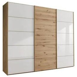 Schwebetürenschrank Wiemann "Cardiff" Schränke Gr. B/H/T: 246,3 cm x 236 cm x 67 cm, Außenpartien Glas weiß, 3 St., braun (bianco, eiche, nachbildung) mit massiven Holztüren und Spiegel