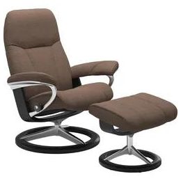 Relaxsessel stressless "Consul" Sessel Gr. ROHLEDER Stoff Q2 FARON, Signature Base Schwarz, BalanceAdaptTM-PlusTMSystem-Gleitsystem-Relaxfunktion-Drehfunktion-Kopfstützenverstellung-Rückteilverstellung, B/H/T: 78cm x 97cm x 70cm, braun (dark beige q2 faron) mit Hocker, Signature Base, Größe S, Gestell Schwarz