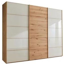 Schwebetürenschrank Wiemann "Cardiff" Schränke Gr. B/H/T: 246,3 cm x 217 cm x 67 cm, Außenpartien Glas champagner, 3 St., braun (bianco, eiche, nachbildung) mit massiven Holztüren und Spiegel