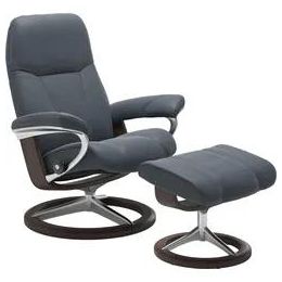 Relaxsessel stressless "Consul" Sessel Gr. Leder BATICK, Signature Base Wenge, BalanceAdaptTM-PlusTMSystem-Gleitsystem-Relaxfunktion-Drehfunktion-Kopfstützenverstellung-Rückteilverstellung, B/H/T: 78cm x 97cm x 70cm, blau (atlantic blue batick) mit Hocker, Signature Base, Größe S, Gestell Wenge