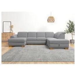 Wohnlandschaft Home Affaire "Dundee U-Form" Sofas Gr. B/H/T: 338cm x 86cm x 219cm, Flachgewebe, Ottomane rechts, mit Bettfunktion-mit Stauraum-mit Kopfteilverstellung-mit Relax in der Recamiere, grau (steel) wahlweise mit Kopfteilverstellung und zusätzlich Bettfunktion