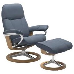 Relaxsessel stressless "Consul" Sessel Gr. Leder PALOMA, Signature Base Eiche, BalanceAdaptTM-PlusTMSystem-Gleitsystem-Relaxfunktion-Drehfunktion-Kopfstützenverstellung-Rückteilverstellung, B/H/T: 82cm x 102cm x 72cm, blau (sparrow blue paloma) mit Hocker, Signature Base, Größe M, Gestell Eiche