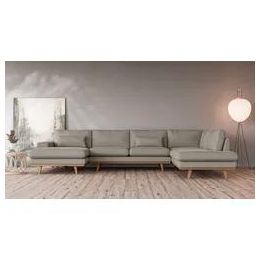 Wohnlandschaft Home Affaire "Torino mit 2 Zierkissen, auch in Bouclé" Sofas Gr. B/H/T: 351 cm x 81 cm x 219 cm, Struktur weich, Recamiere links, grau (taupe) U-Form, BTH: 35121981 cm, incl. edler Holzleiste an Unterkante