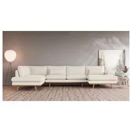 Wohnlandschaft Home Affaire "Torino mit 2 Zierkissen, auch in Bouclé" Sofas Gr. B/H/T: 351cm x 81cm x 219cm, Struktur weich, Recamiere rechts, beige (creme) U-Form, BTH: 35121981 cm, incl. edler Holzleiste an Unterkante