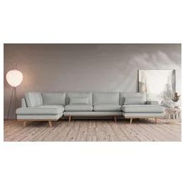 Wohnlandschaft Home Affaire "Torino mit 2 Zierkissen, auch in Bouclé" Sofas Gr. B/H/T: 351 cm x 81 cm x 219 cm, Struktur weich, Recamiere rechts, grau (hellgrau) U-Form, BTH: 35121981 cm, incl. edler Holzleiste an Unterkante