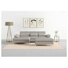 Sit & More Ecksofa SIT & MORE "Cabrio L-Form" Sofas Gr. B/H/T: 295 cm x 87 cm x 180 cm, NaturLEDER, Recamiere links, mit Sitztiefenverstellung-mit Kopfteilverstellung-mit Armteilfunktion-mit 2 Nierenkissen-Rücken Spannstoff, grau (hellgrau) mit Sitztiefen- und Armteilverstellung sowie Federkern, 2 Nierenkissen