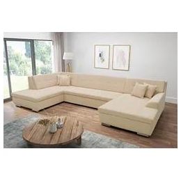 Wohnlandschaft DOMO collection "Treviso incl. Zierkissen, moderne Steppung, XXL: B/T/H: 364/201/83 cm" Sofas Gr. B/H/T: 364cm x 83cm x 201cm, Cord, Recamiere rechts, ohne Bettfunktion, beige (creme) wahlweise mit Bettfunktion, in vielen Bezugsarten auch Cord U-Form