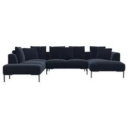 Ecksofa FLEXLUX "Sava U-Form, bequem und komfortabel durch den hochwertigen Sitzaufbau" Sofas Gr. B/H/T: 370cm x 94cm x 222cm, Velvet, langer Schenkel links, blau (royal blue) Schwarze Metallfüße, mit losen Rückenkissen, Luxuriöses Sitzkomfort