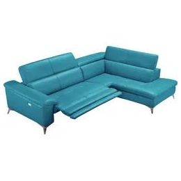 Ecksofa Egoitaliano "Martine" Sofas Gr. B/H/T: 272cm x 96cm x 203cm, Leder BULL, Ottomane rechts, mit elektrischer Relaxfunktion-mit manueller Kopfteilverstellung, blau (türkis) mit Ottomane, elektrischer Relaxfunktion und Kopfteilverstellung