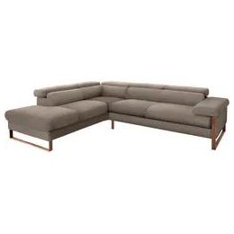 Ecksofa W.Schillig "finn" Sofas Gr. B/H/T: 281cm x 71cm x 230cm, Longlife Xtra-Leder Z59, Ottomane links, mit Kopfteilverstellung-ohne Sitztiefenverstellung, braun (stone z59) German Design Award 2016, Fußgestell Nussbaum natur, Breite 281 cm