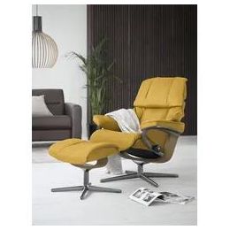 Relaxsessel stressless "Reno" Sessel Gr. ROHLEDER Stoff Q2 FARON, Cross Base Eiche, Relaxfunktion-Drehfunktion-PlusTMSystem-Gleitsystem-BalanceAdaptTM, B/H/T: 92cm x 100cm x 80cm, gelb (gelb q2 faron) mit Hocker, Cross Base, Größe S, M & L, Holzakzent Eiche