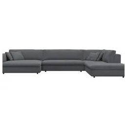 Wohnlandschaft FLEXLUX "Lovane, U-Form, bequem und komfortabel" Sofas Gr. B/H/T: 400cm x 84cm x 272cm, Lederoptik, langer Schenkel rechts, grau (elephant grey) Weich & anschmiegsam, große Sitztiefe auf Kaltschaum, Dekokissen inkl.