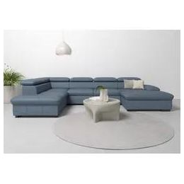 Wohnlandschaft Home Affaire "Alberto U-Form" Sofas Gr. B/H/T: 350cm x 73cm x 228cm, NaturLEDER, Recamiere rechts, mit Bettfunktion-Bett mit Stoff bezogen, blau (graublau) inkl. Kopfteilverstellung, wahlweise mit Bettfunktion