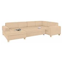 Wohnlandschaft Home Affaire "Corby U-Form" Sofas Gr. B/H/T: 333cm x 80cm x 199cm, NaturLEDER, Recamiere links, mit Bettfunktion-mit Bettkasten, beige (creme) wahlweise mit Bettfunktion, Steppung auf Sitzfläche