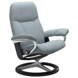 Relaxsessel stressless "Consul" Sessel Gr. Struktur fein JASMINE, Signature Base Schwarz, BalanceAdaptTM-PlusTMSystem-Gleitsystem-Relaxfunktion-Drehfunktion-Kopfstützenverstellung-Rückteilverstellung, B/H/T: 78cm x 97cm x 70cm, blau (light blue jasmine) mit Signature Base, Größe S, Gestell Schwarz