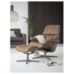 Relaxsessel stressless "Reno" Sessel Gr. Leder BATICK, Cross Base Eiche-M, Relaxfunktion-Drehfunktion-PlusTMSystem-Gleitsystem-BalanceAdaptTM, B/H/T: 83cm x 100cm x 76cm, braun (latte batick) mit Hocker, Cross Base, Größe S, M & L, Holzakzent Eiche