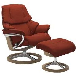 Relaxsessel stressless "Reno" Sessel Gr. ROHLEDER Stoff Q2 FARON, Signature Base Eiche, Relaxfunktion-Drehfunktion-PlusTMSystem-Gleitsystem-BalanceAdaptTM, B/H/T: 79cm x 99cm x 75cm, rot (rust q2 faron) mit Hocker, Signature Base, Größe S, M & L, Gestell Eiche