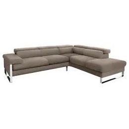 Ecksofa W.Schillig "finn" Sofas Gr. B/H/T: 281 cm x 71 cm x 230 cm, Longlife Xtra-Leder Z59, Ottomane rechts, ohne Kopfteilverstellung-ohne Sitztiefenverstellung, braun (stone z59) German Design Award 2016, Fußgestell Chrom glänzend, Breite 281 cm