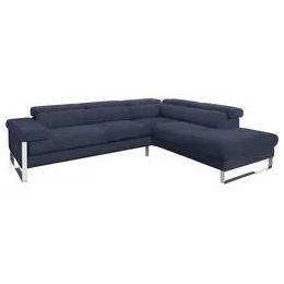 Ecksofa W.Schillig "finn" Sofas Gr. B/H/T: 281cm x 71cm x 230cm, Stoff S37, Ottomane rechts, ohne Kopfteilverstellung-mit motorischer Sitztiefenverstellung, blau (dunkelblau s37) German Design Award 2016, Fußgestell Chrom glänzend, Breite 281 cm