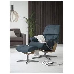 Relaxsessel stressless "Reno" Sessel Gr. ROHLEDER Stoff Q2 FARON, Cross Base Eiche, Relaxfunktion-Drehfunktion-PlusTMSystem-Gleitsystem-BalanceAdaptTM, B/H/T: 83cm x 100cm x 76cm, blau (petrol q2 faron) mit Hocker, Cross Base, Größe S, M & L, Holzakzent Eiche